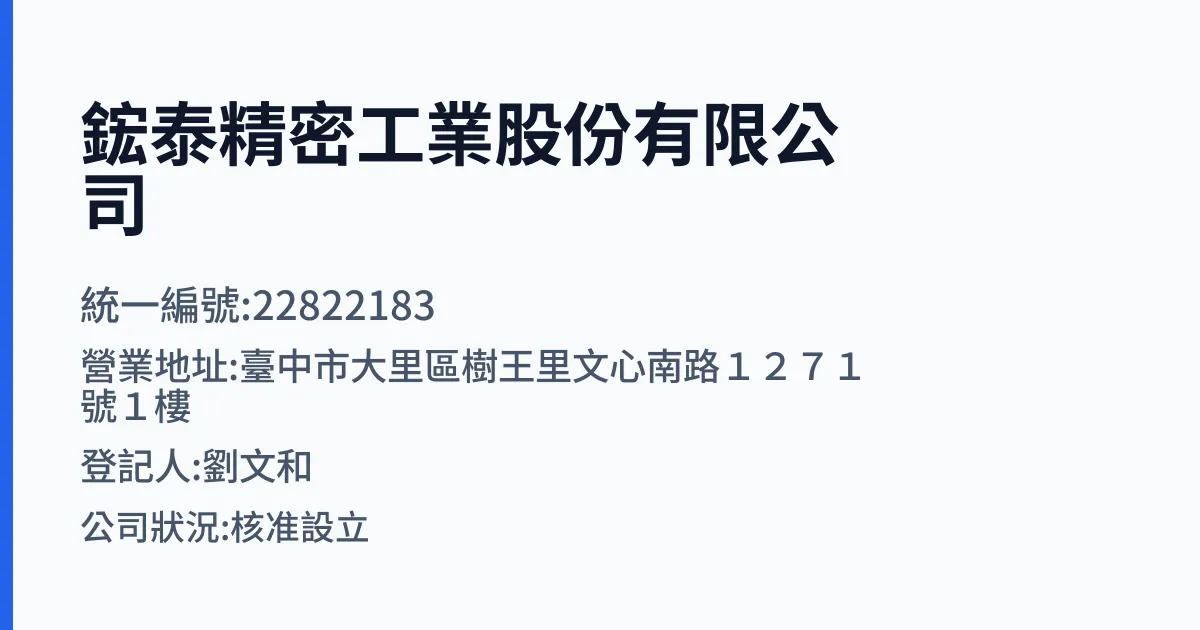 鋐泰精密工業股份有限公司 - 統編 22822183(臺中市) 公司登記資料與營業項目詳細圖表