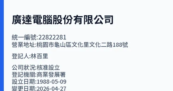 廣達電腦股份有限公司的照片-統編 22822281(桃園市) 公司登記資料與營業項目詳細圖表