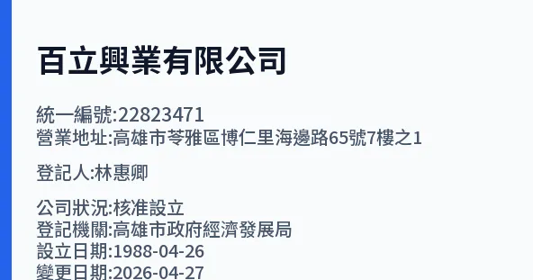 百立興業有限公司的照片-統編 22823471(高雄市) 公司登記資料與營業項目詳細圖表