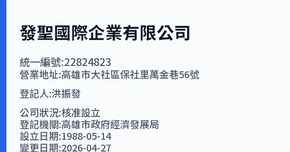 發聖國際企業有限公司的照片-統編 22824823(高雄市) 公司登記資料與營業項目詳細圖表