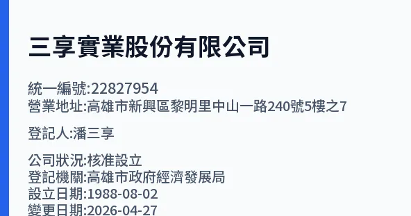 三享實業股份有限公司的照片-統編 22827954(高雄市) 公司登記資料與營業項目詳細圖表