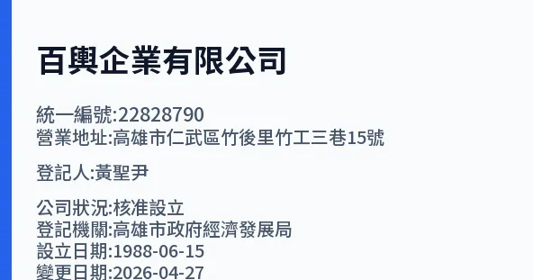 百輿企業有限公司的照片-統編 22828790(高雄市) 公司登記資料與營業項目詳細圖表