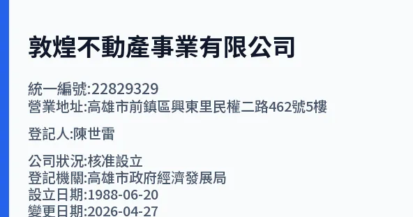敦煌不動產事業有限公司的照片-統編 22829329(高雄市) 公司登記資料與營業項目詳細圖表