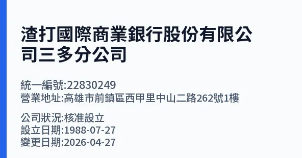 渣打國際商業銀行股份有限公司三多分公司的照片-統編 22830249(高雄市) 公司登記資料與營業項目詳細圖表