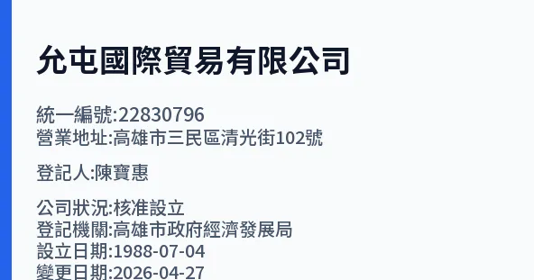 允屯國際貿易有限公司的照片-統編 22830796(高雄市) 公司登記資料與營業項目詳細圖表