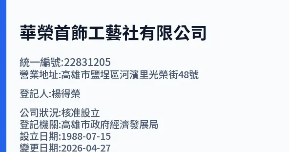 華榮首飾工藝社有限公司的照片-統編 22831205(高雄市) 公司登記資料與營業項目詳細圖表