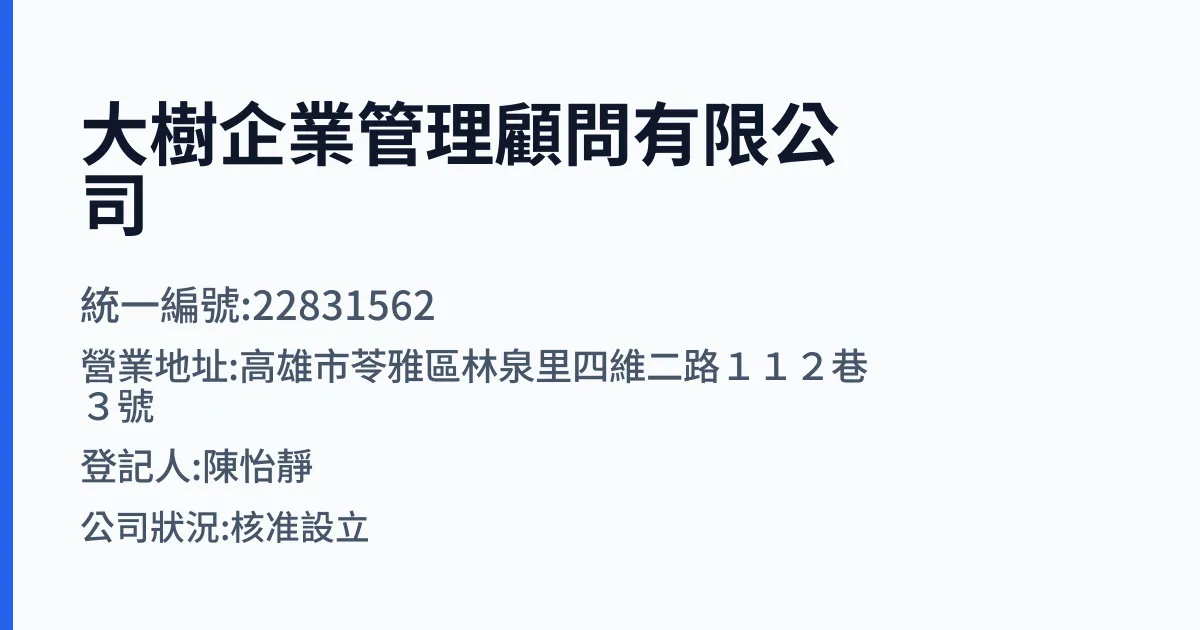 大樹企業管理顧問有限公司 - 統編 22831562(高雄市) 公司登記資料與營業項目詳細圖表