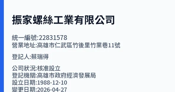 振家螺絲工業有限公司的照片-統編 22831578(高雄市) 公司登記資料與營業項目詳細圖表