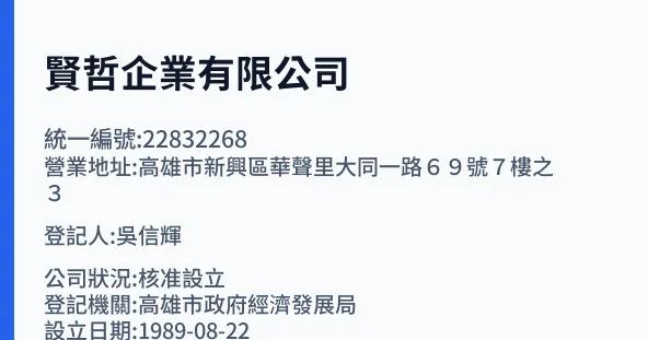 賢哲企業有限公司的照片-統編 22832268(高雄市) 公司登記資料與營業項目詳細圖表