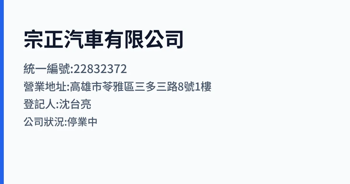 宗正汽車有限公司 - 統編 22832372(高雄市) 公司登記資料與營業項目詳細圖表
