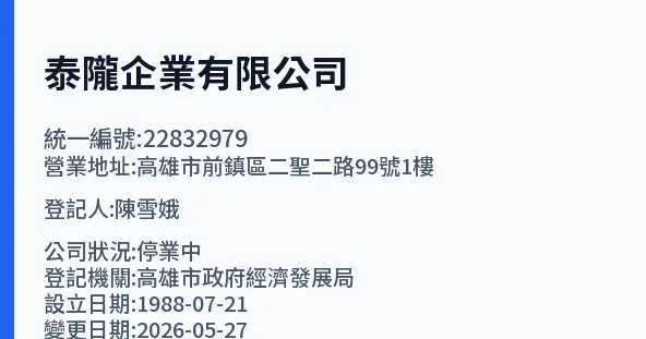 泰隴企業有限公司的照片-統編 22832979(高雄市) 公司登記資料與營業項目詳細圖表