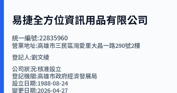 易捷全方位資訊用品有限公司的照片-統編 22835960(高雄市) 公司登記資料與營業項目詳細圖表