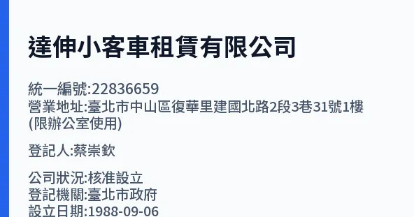 達伸小客車租賃有限公司的照片-統編 22836659(臺北市) 公司登記資料與營業項目詳細圖表