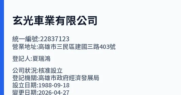玄光車業有限公司的照片-統編 22837123(高雄市) 公司登記資料與營業項目詳細圖表