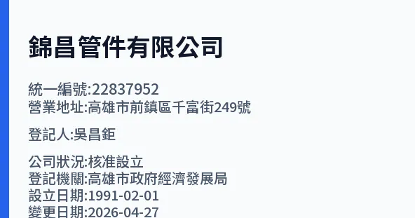 錦昌管件有限公司的照片-統編 22837952(高雄市) 公司登記資料與營業項目詳細圖表