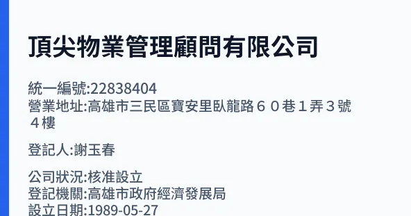 頂尖物業管理顧問有限公司的照片-統編 22838404(高雄市) 公司登記資料與營業項目詳細圖表