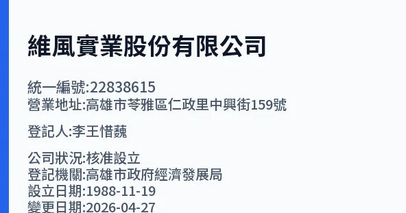 維風實業股份有限公司的照片-統編 22838615(高雄市) 公司登記資料與營業項目詳細圖表