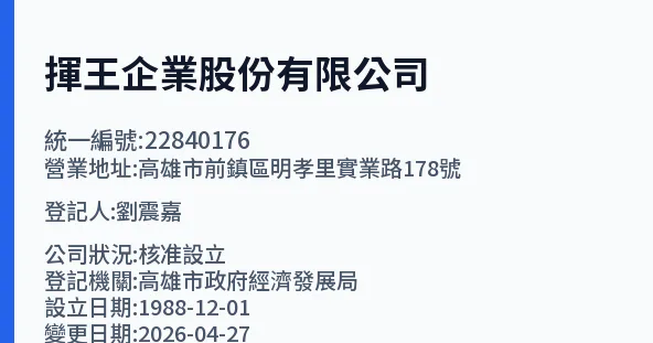 揮王企業股份有限公司的照片-統編 22840176(高雄市) 公司登記資料與營業項目詳細圖表