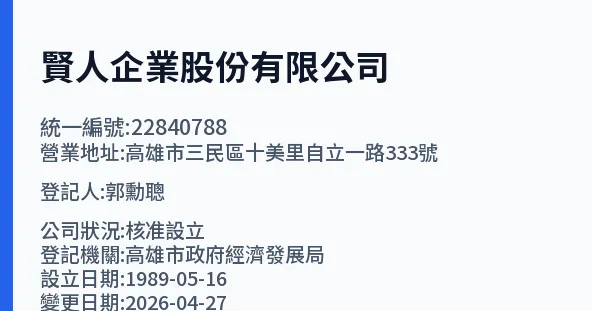 賢人企業股份有限公司的照片-統編 22840788(高雄市) 公司登記資料與營業項目詳細圖表