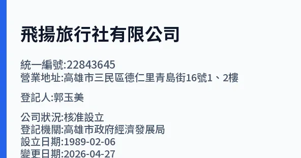 飛揚旅行社有限公司的照片-統編 22843645(高雄市) 公司登記資料與營業項目詳細圖表