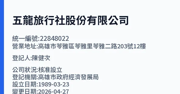 五龍旅行社股份有限公司的照片-統編 22848022(高雄市) 公司登記資料與營業項目詳細圖表