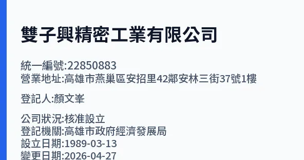 雙子興精密工業有限公司的照片-統編 22850883(高雄市) 公司登記資料與營業項目詳細圖表