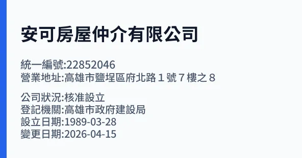 安可房屋仲介有限公司的照片-統編 22852046(高雄市) 公司登記資料與營業項目詳細圖表