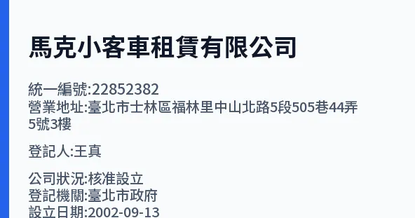 馬克小客車租賃有限公司的照片-統編 22852382(臺北市) 公司登記資料與營業項目詳細圖表