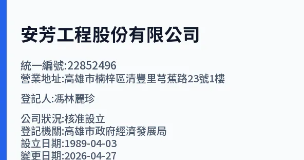 安芳工程股份有限公司的照片-統編 22852496(高雄市) 公司登記資料與營業項目詳細圖表