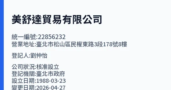 美舒達貿易有限公司的照片-統編 22856232(臺北市) 公司登記資料與營業項目詳細圖表