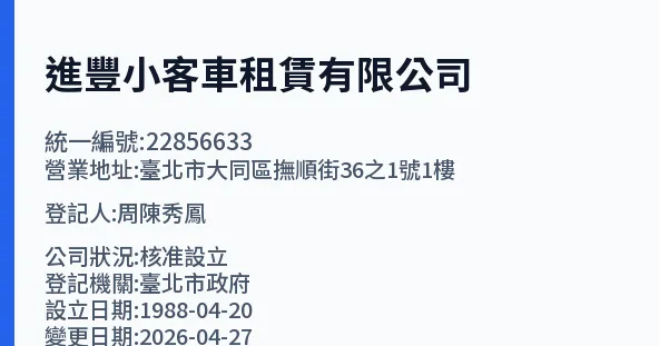 進豐小客車租賃有限公司的照片-統編 22856633(臺北市) 公司登記資料與營業項目詳細圖表