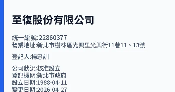 至復股份有限公司的照片-統編 22860377(新北市) 公司登記資料與營業項目詳細圖表