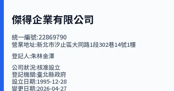 傑得企業有限公司的照片-統編 22869790(新北市) 公司登記資料與營業項目詳細圖表