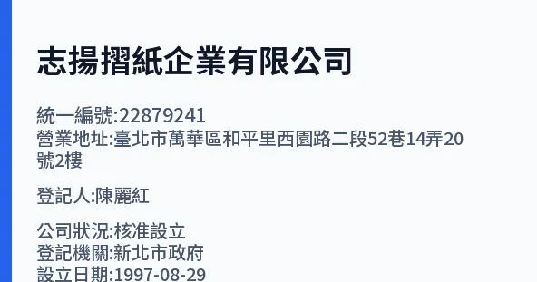 志揚摺紙企業有限公司的照片-統編 22879241(臺北市) 公司登記資料與營業項目詳細圖表
