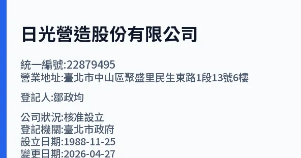 日光營造股份有限公司的照片-統編 22879495(臺北市) 公司登記資料與營業項目詳細圖表