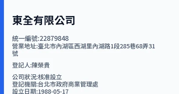 東全有限公司的照片-統編 22879848(臺北市) 公司登記資料與營業項目詳細圖表