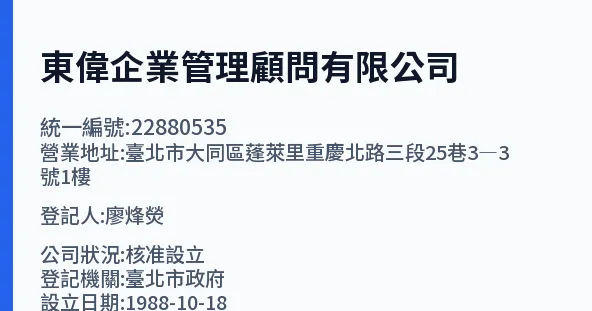 東偉企業管理顧問有限公司的照片-統編 22880535(臺北市) 公司登記資料與營業項目詳細圖表
