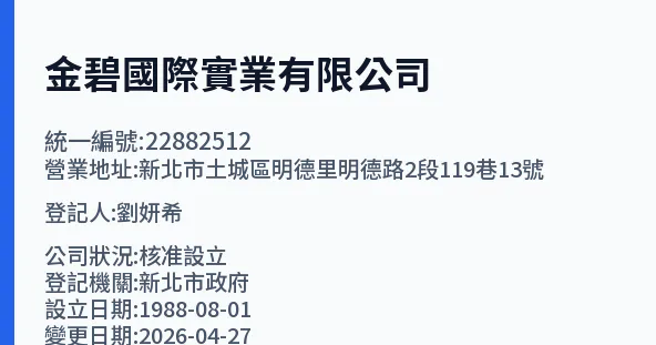金碧國際實業有限公司的照片-統編 22882512(新北市) 公司登記資料與營業項目詳細圖表