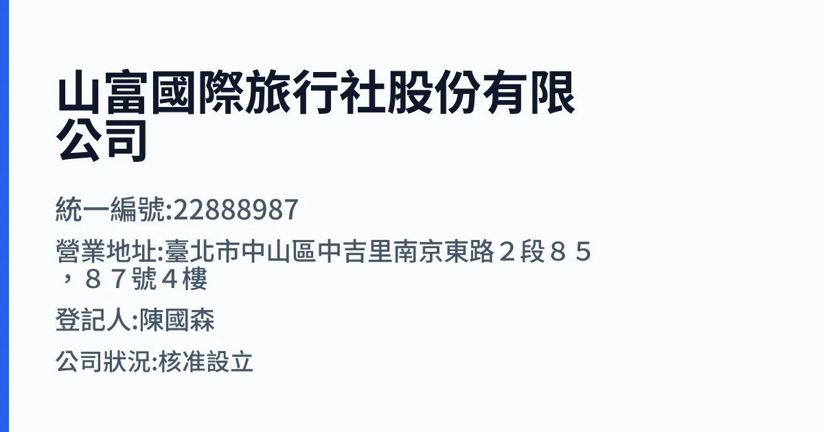 山富國際旅行社股份有限公司 - 統編 22888987(臺北市) 公司登記資料與營業項目詳細圖表