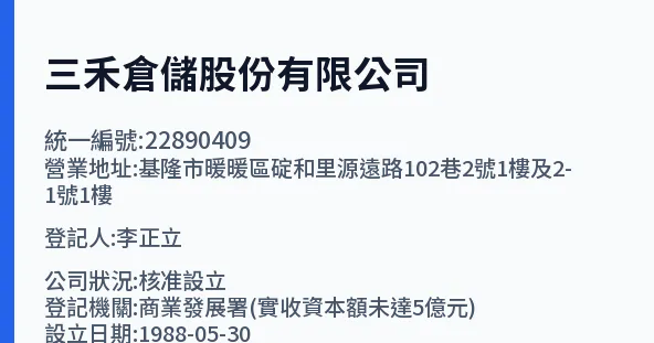 三禾倉儲股份有限公司的照片-統編 22890409(基隆市) 公司登記資料與營業項目詳細圖表