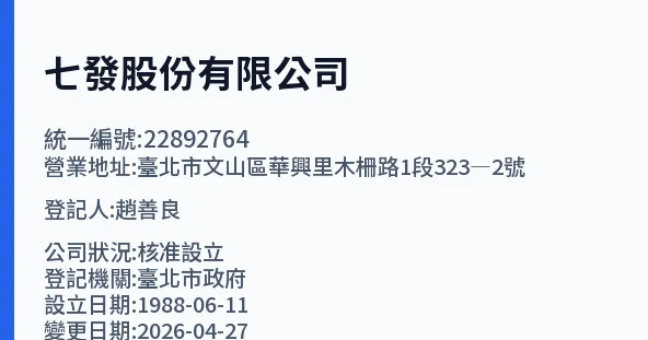 七發股份有限公司的照片-統編 22892764(臺北市) 公司登記資料與營業項目詳細圖表
