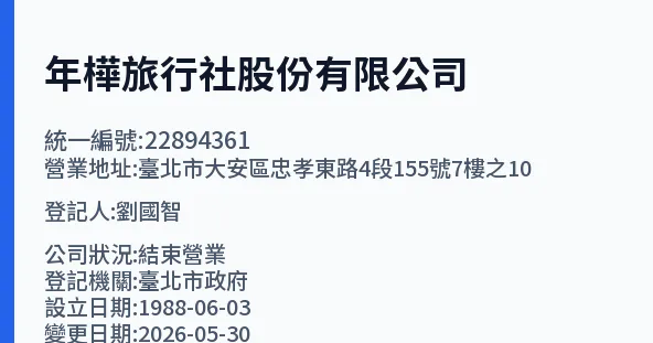 年樺旅行社股份有限公司的照片-統編 22894361(臺北市) 公司登記資料與營業項目詳細圖表