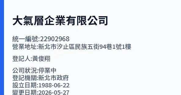 大氣層企業有限公司的照片-統編 22902968(新北市) 公司登記資料與營業項目詳細圖表