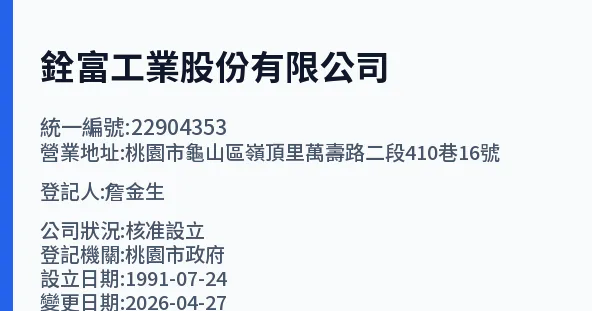 銓富工業股份有限公司的照片-統編 22904353(桃園市) 公司登記資料與營業項目詳細圖表
