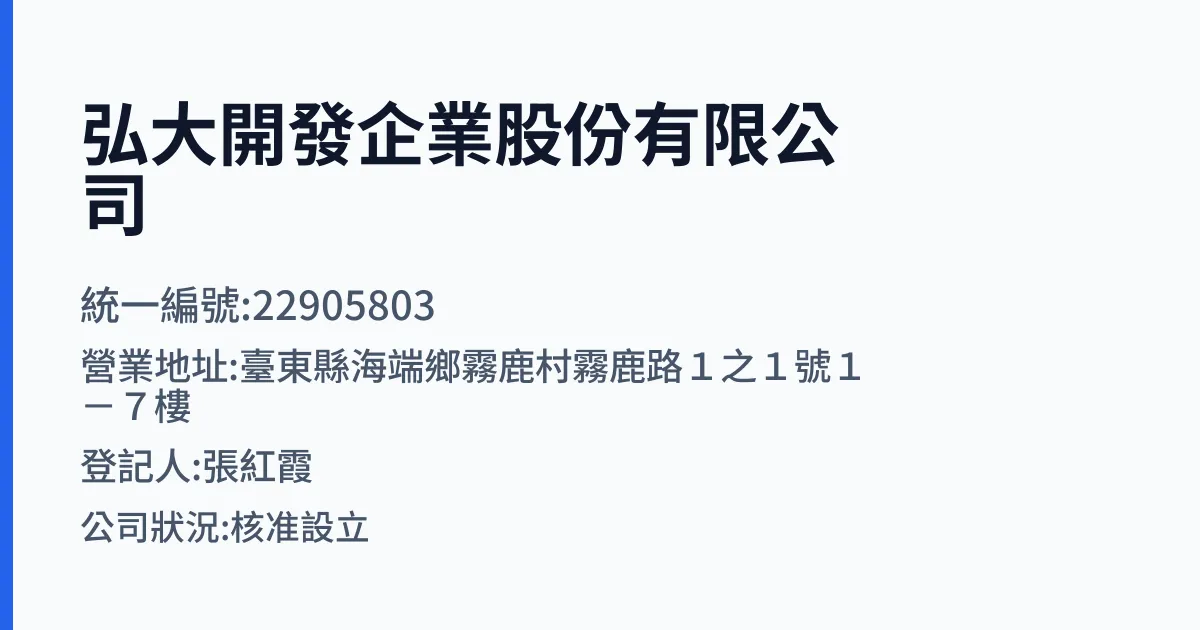 弘大開發企業股份有限公司 - 統編 22905803(臺東縣) 公司登記資料與營業項目詳細圖表