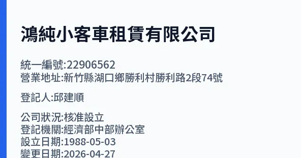 鴻純小客車租賃有限公司的照片-統編 22906562(新竹縣) 公司登記資料與營業項目詳細圖表