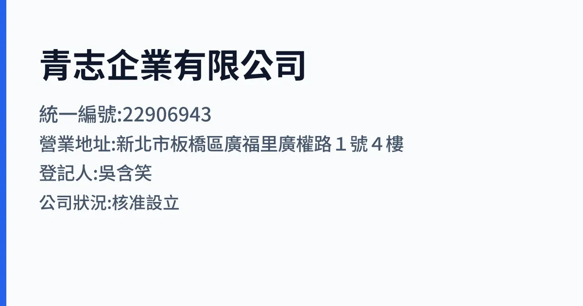 青志企業有限公司 - 統編 22906943(新北市) 公司登記資料與營業項目詳細圖表