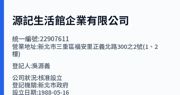 源記生活館企業有限公司的照片-統編 22907611(新北市) 公司登記資料與營業項目詳細圖表