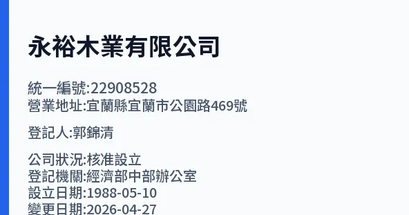 永裕木業有限公司的照片-統編 22908528(宜蘭縣) 公司登記資料與營業項目詳細圖表