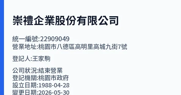 崇禮企業股份有限公司的照片-統編 22909049(桃園市) 公司登記資料與營業項目詳細圖表